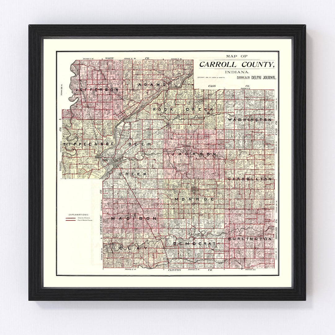Carroll County Map 1898, Vintage Carroll County Map, Old Carroll County Indiana Art, Wall Art ...