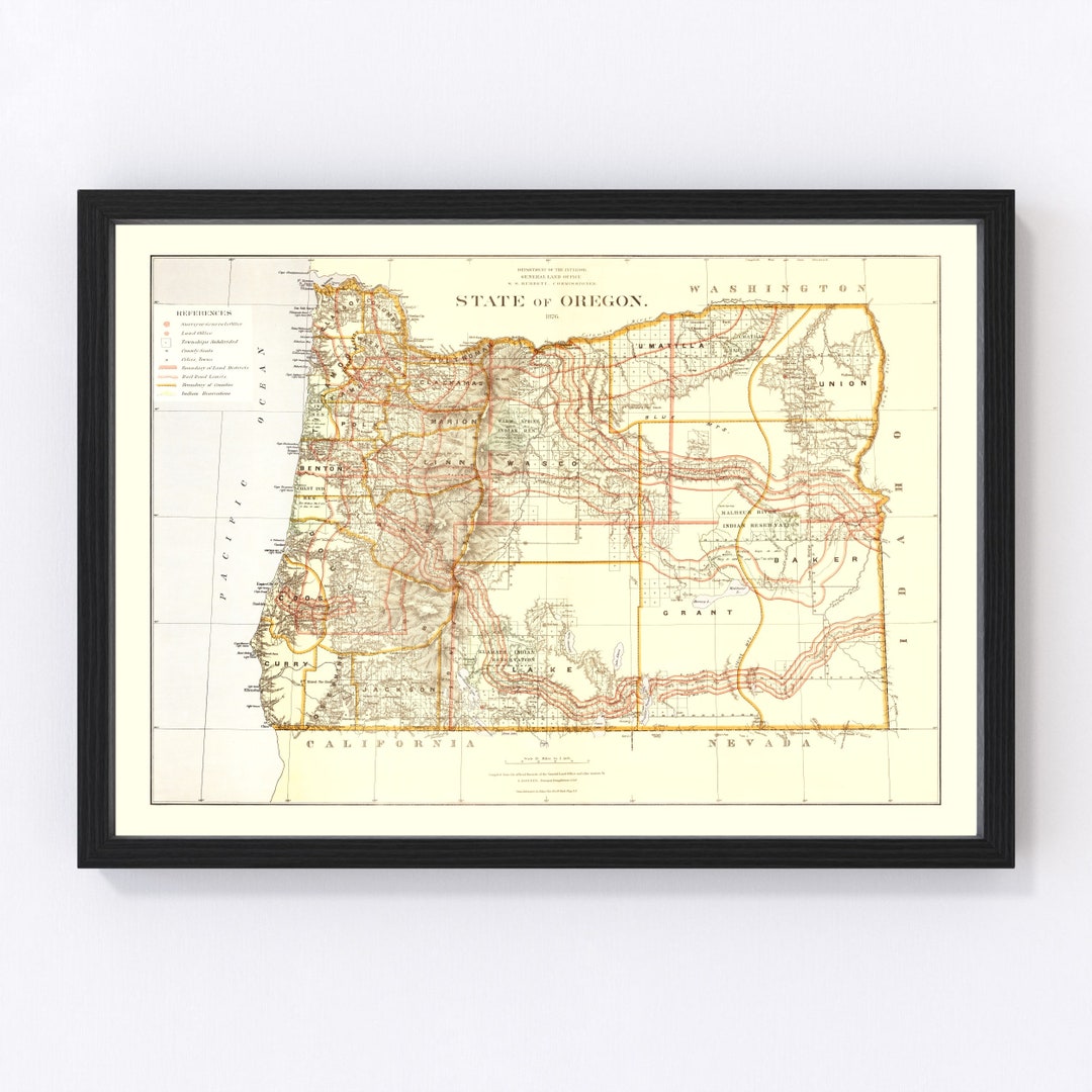 Oregon Map 1876 Old Map of Oregon Art Vintage Print Framed Wall Art ...