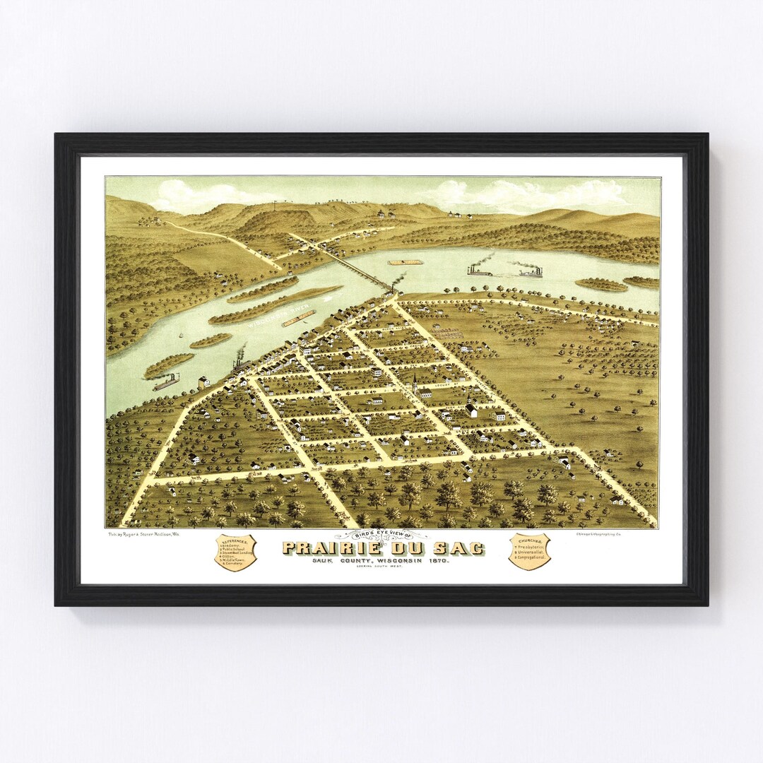 Prairie Du Sac Map 1870, Vintage Prairie Du Sac Map, Old Prairie Du Sac ...
