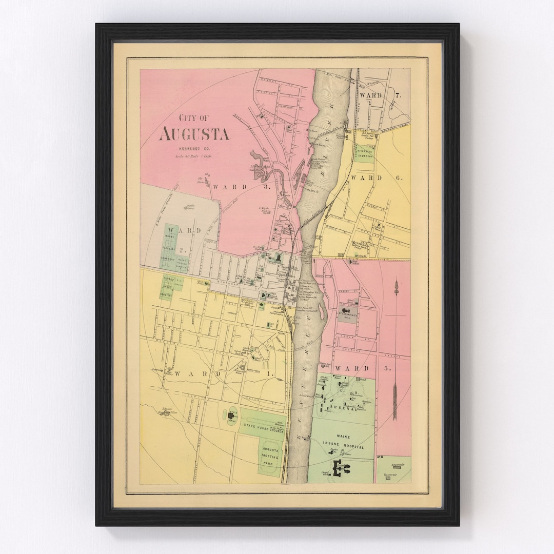 Augusta Map 1894, Vintage Augusta Map, Old Augusta Maine Art, Wall Art ...