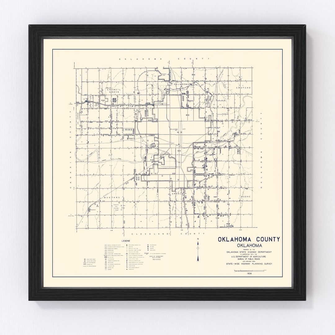 Oklahoma County Map 1936, Vintage Oklahoma County Map, Old Oklahoma ...