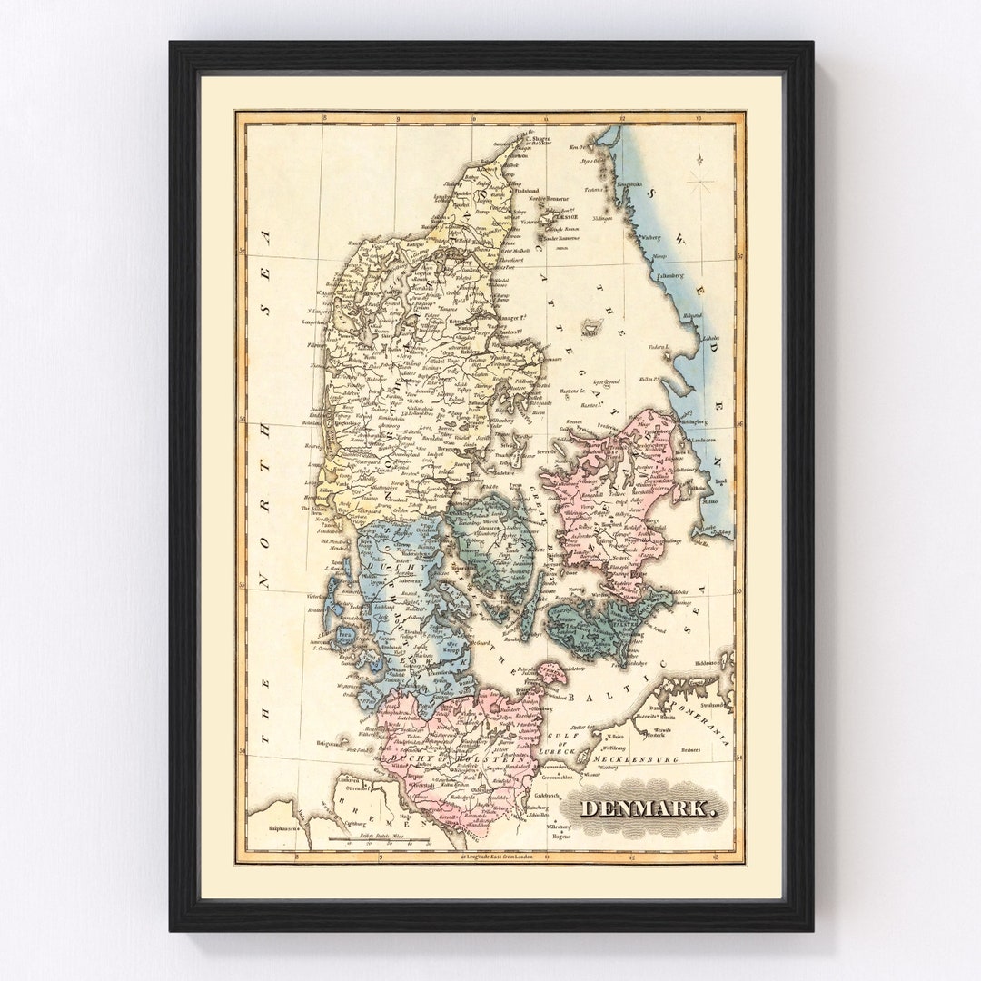 Denmark Map 1823 Old Map of Denmark Art Print Framed Wall Art Vintage ...