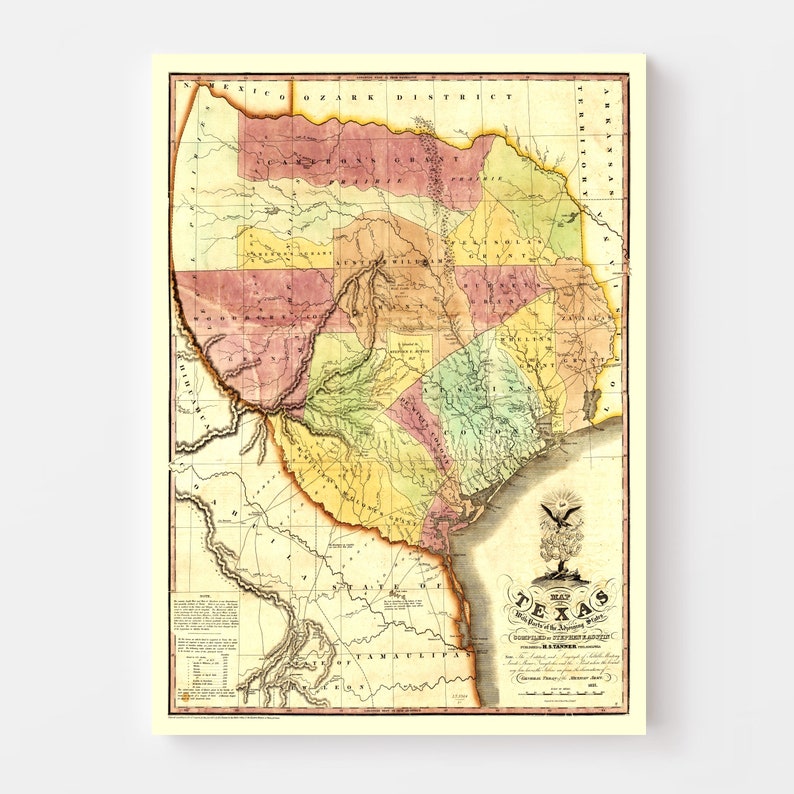 Texas Map 1837 Old Map of Texas Art Vintage Print Framed - Etsy
