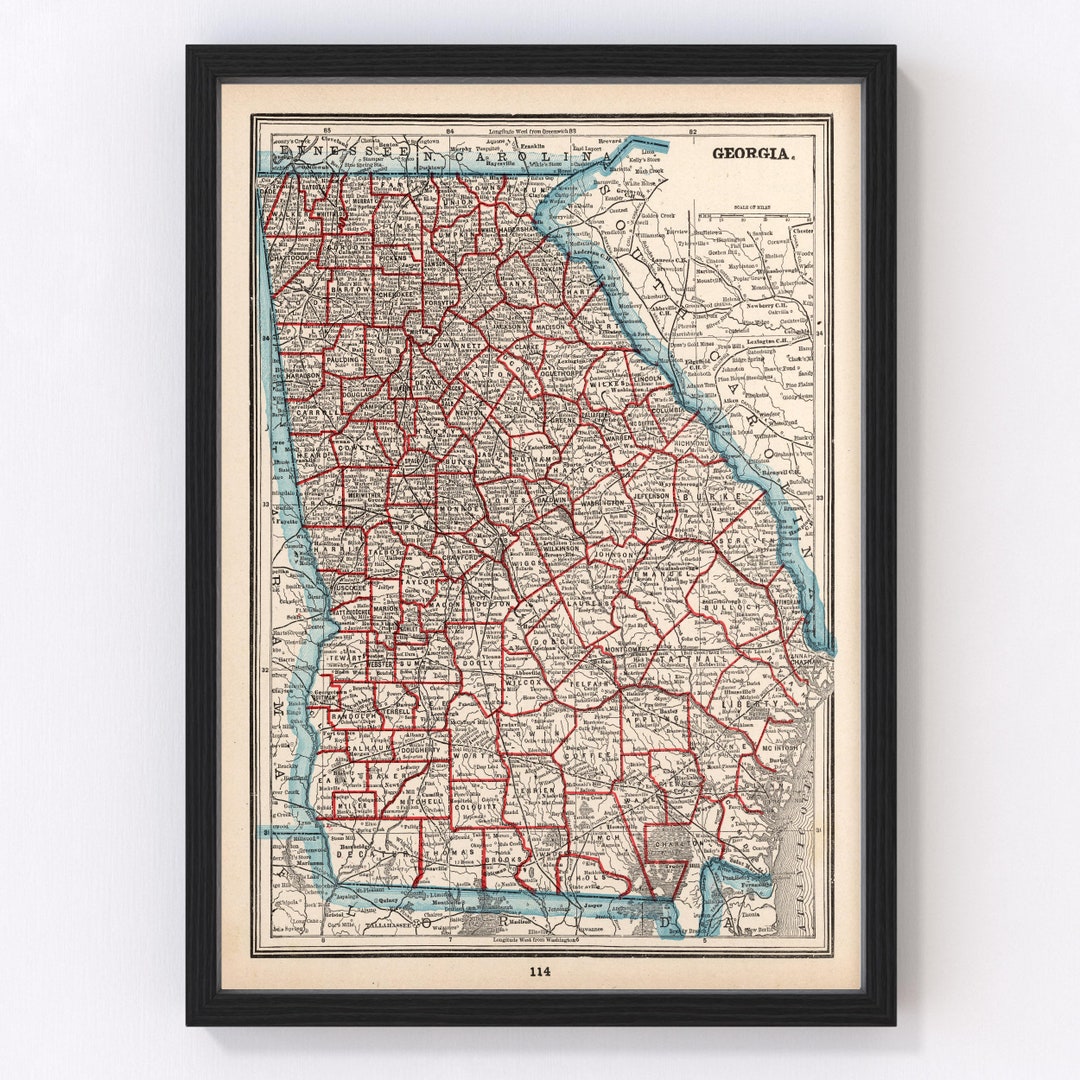 Georgia Map 1893, Vintage Georgia Map, Old Georgia Art, Wall Art Gift ...