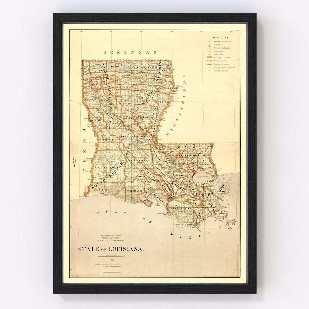 Louisiana Map 1876 Old Map of Louisiana Art Vintage Print Framed Wall ...