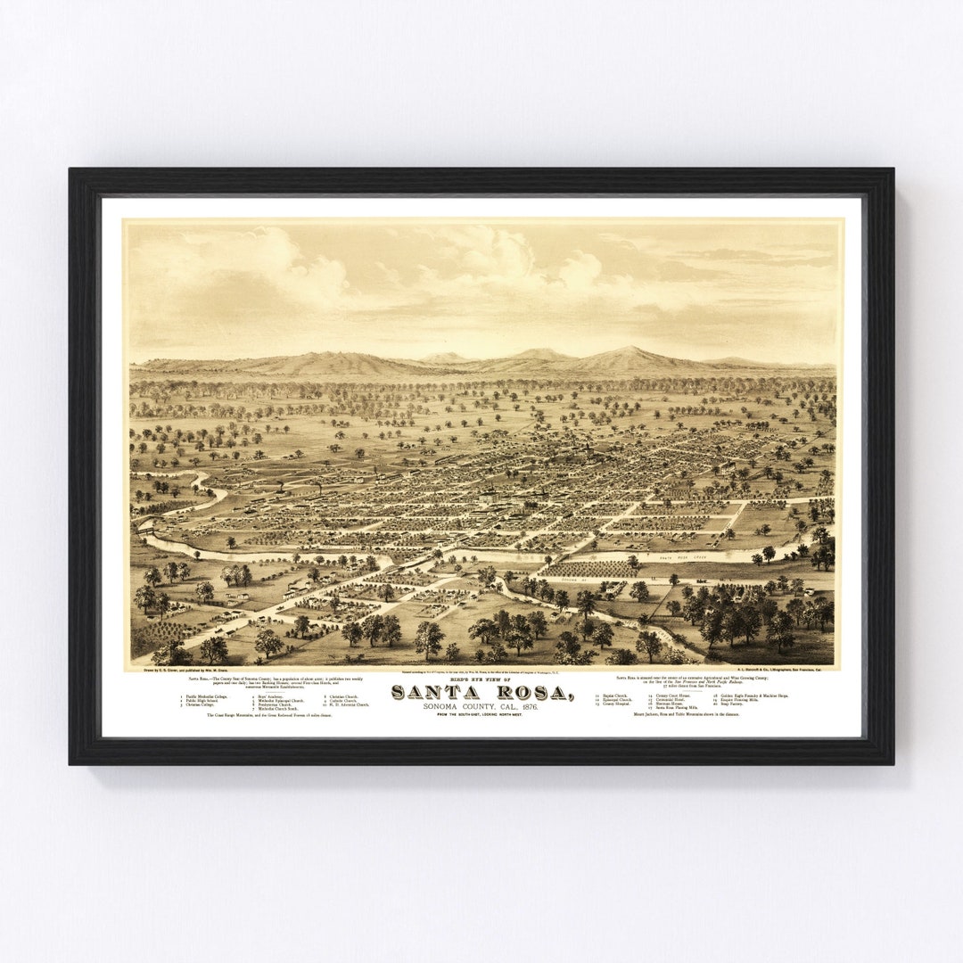 Santa Rosa Map 1876 - Old Map of Santa Rosa California Art Vintage ...