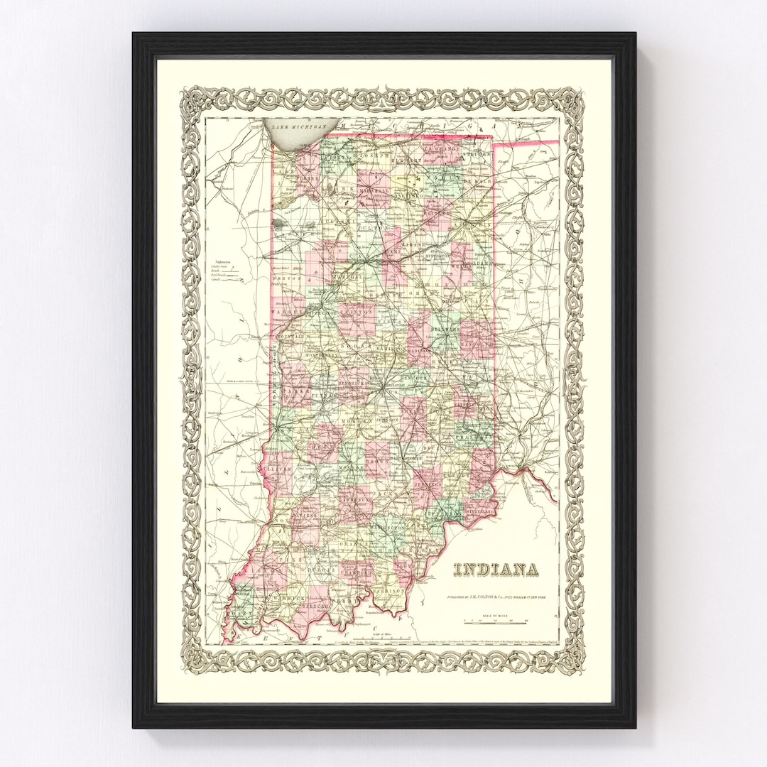 Indiana Map 1855, Vintage Indiana Map, Old Indiana Art, Wall Art Gift ...