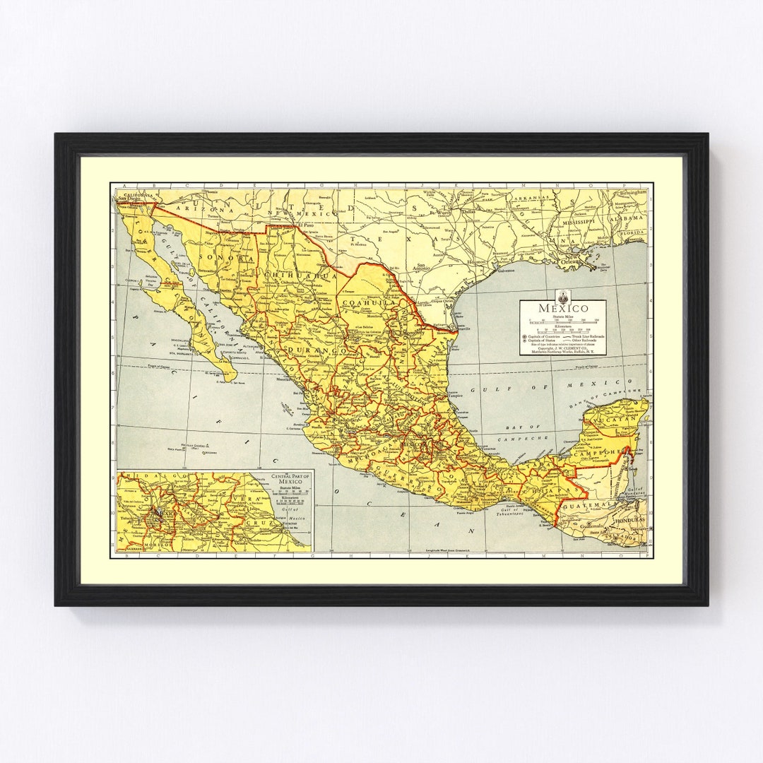 Mexico Map 1943, Vintage Mexico Map, Old Mexico Art, Wall Art Gift for ...