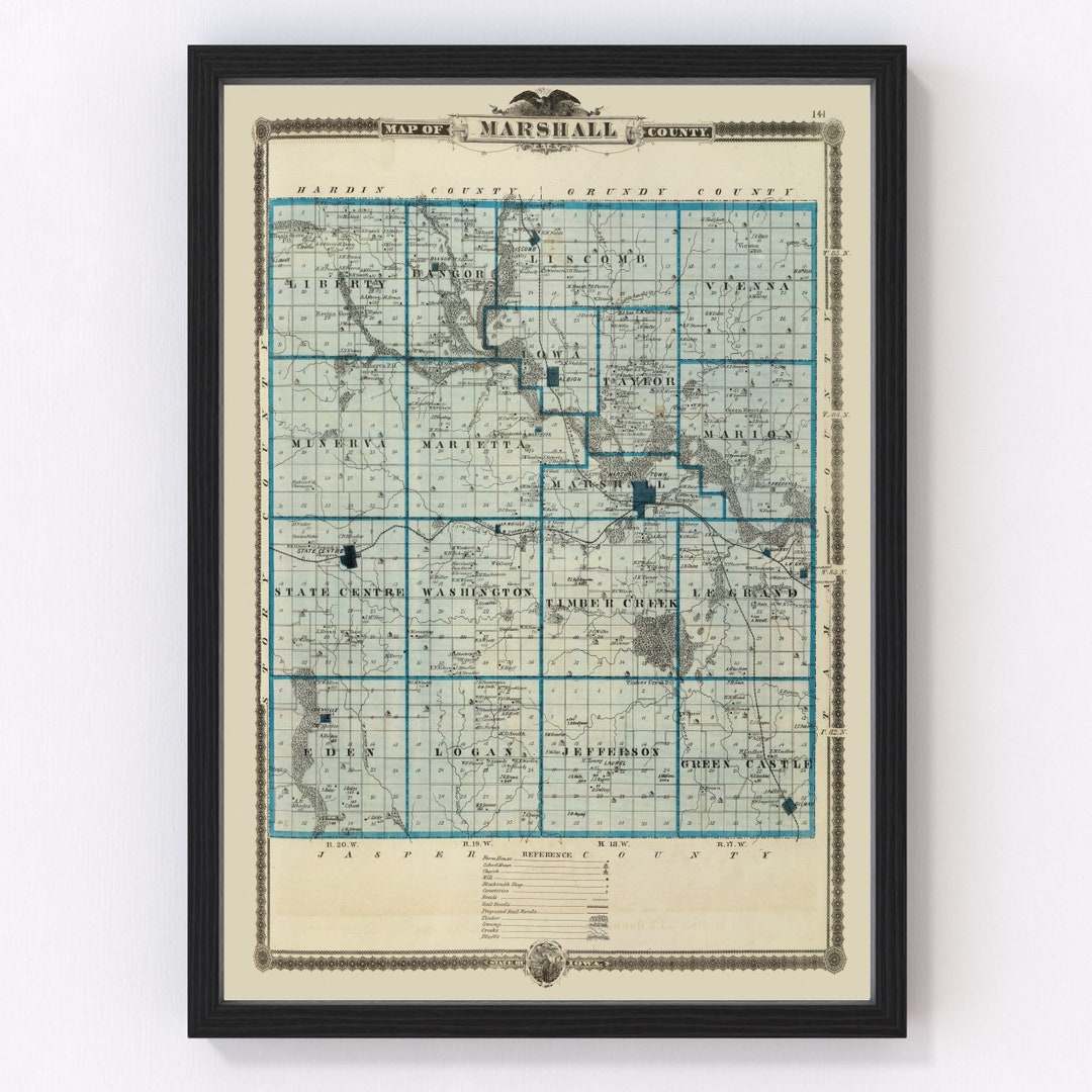 Marshall County IA Map 1875 Old Map of Marshalltown Iowa Art Vintage ...
