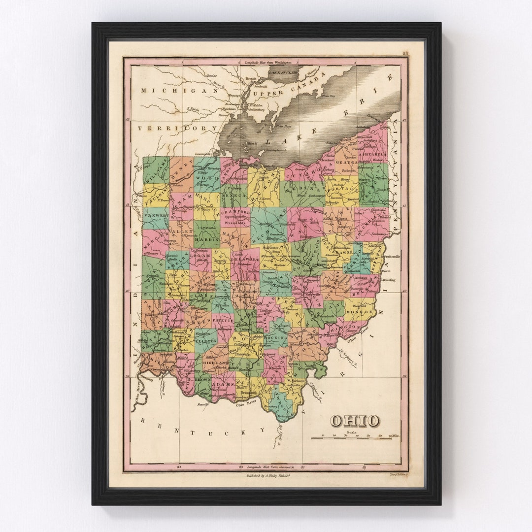 Ohio Map 1824 Old Map of Ohio Art Vintage Print Framed Wall Art Canvas ...