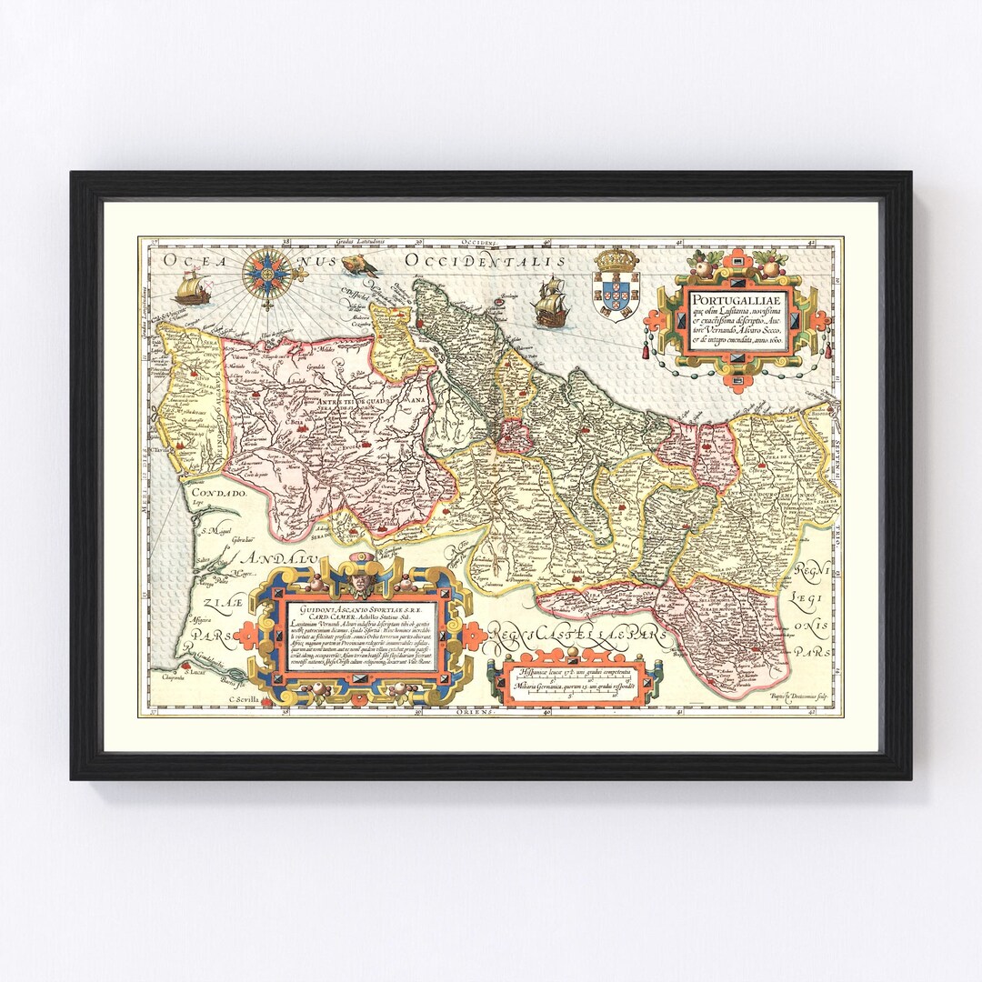 Portugal Map 1623, Vintage Portugal Map, Old Portugal Art, Wall Art ...
