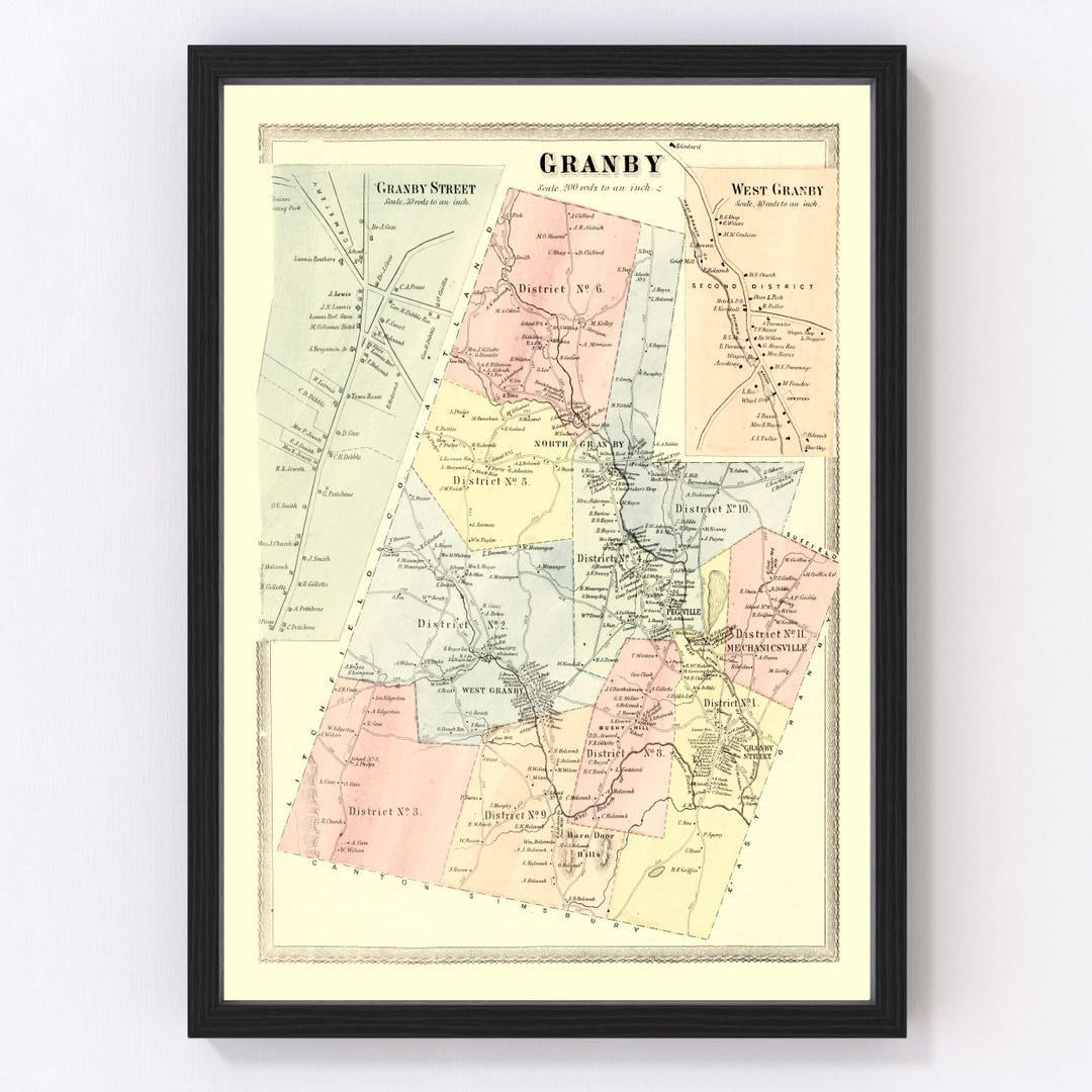 Granby Map 1869, Vintage Granby Map, Old Granby Connecticut Art, Wall ...