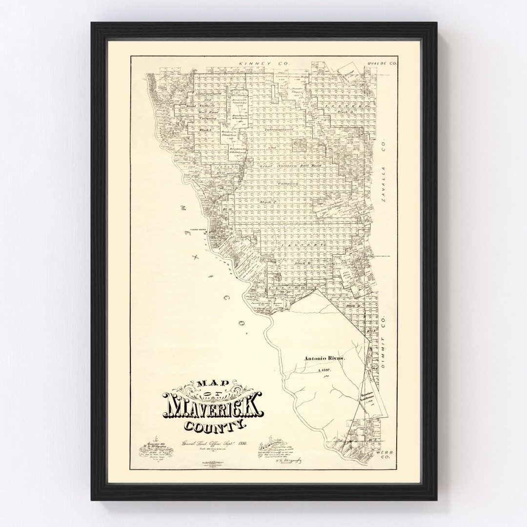 Maverick County Map 1893, Vintage Maverick County Map, Old Maverick ...