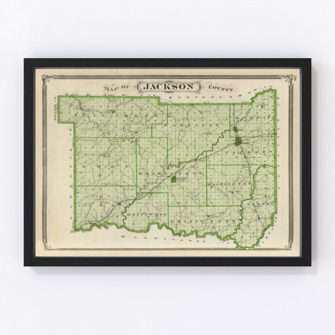 Jackson County IN Map 1876 Old Map of Brownstown Indiana Art Vintage ...