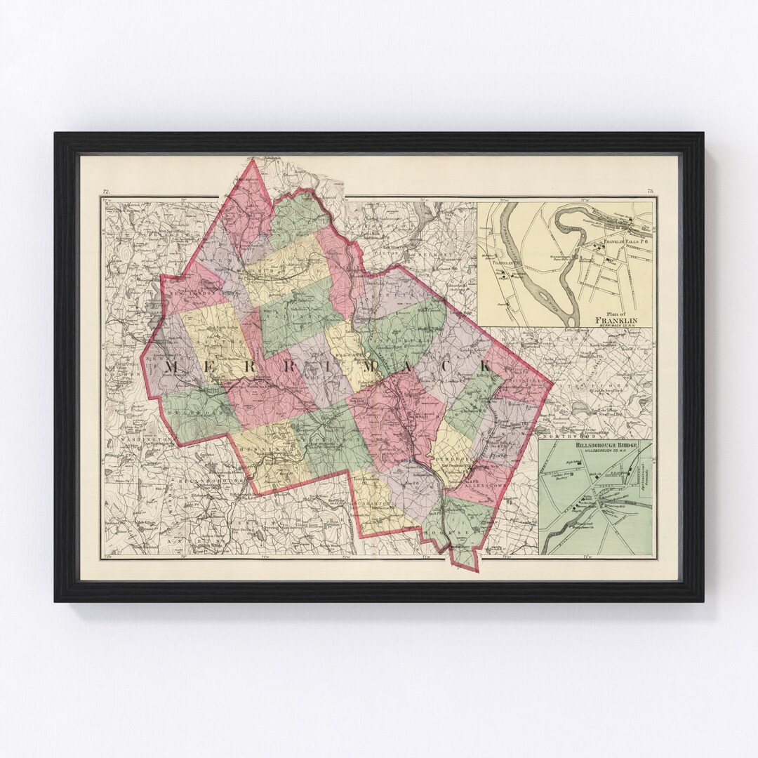 Merrimack County Map 1877, Vintage Merrimack County Map, Old Merrimack ...