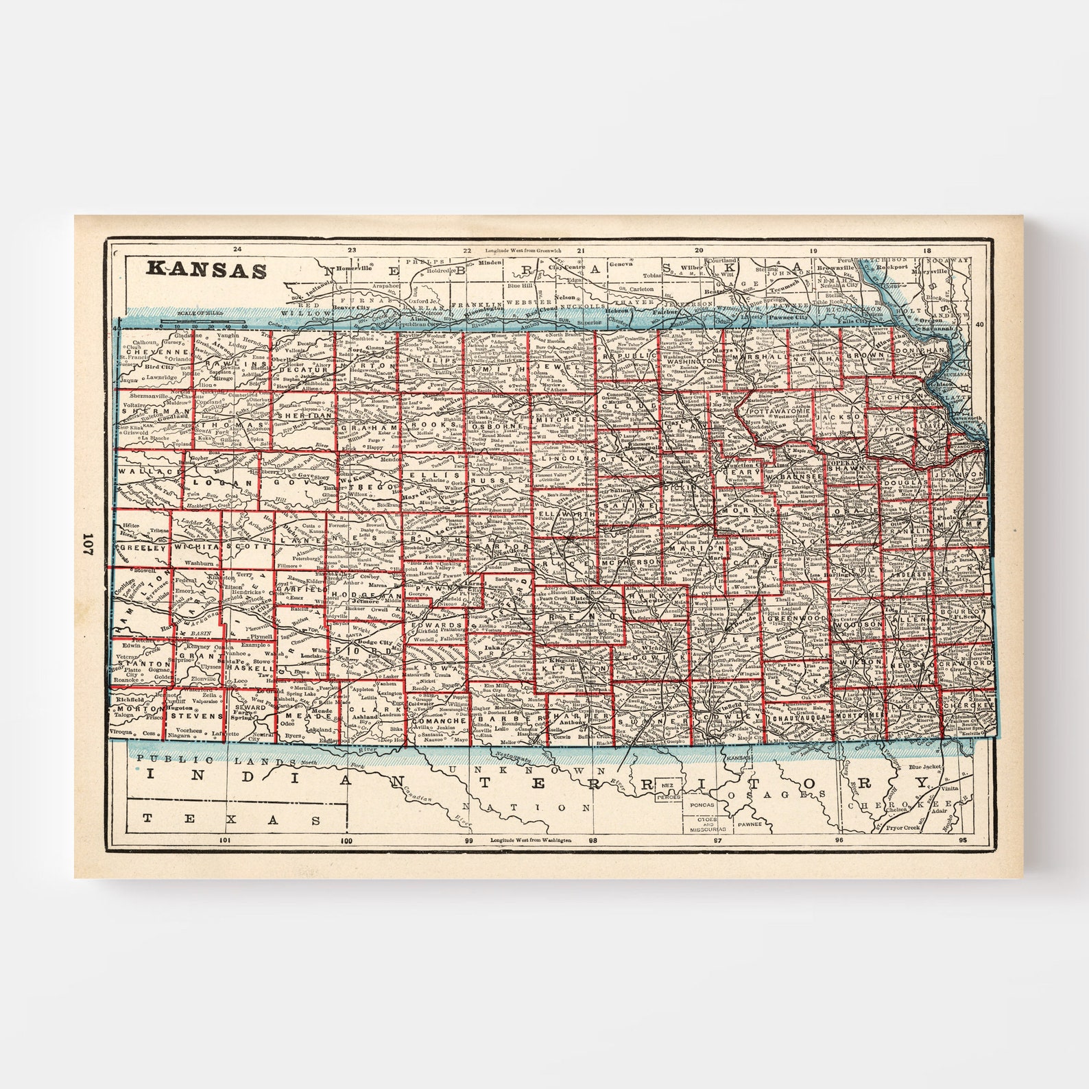 Kansas Map 1893 - Old Map of Kansas Art Vintage Print Framed Wall Art ...