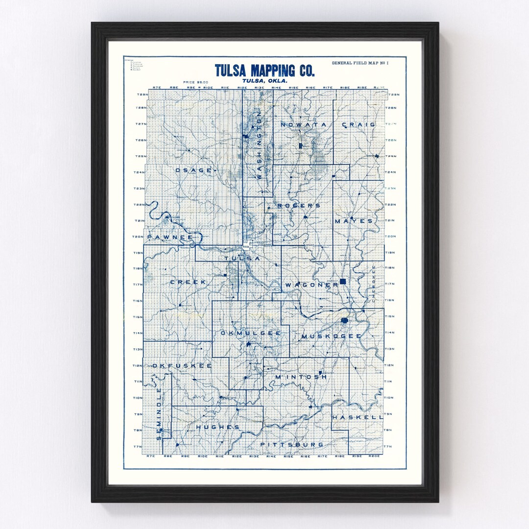 Tulsa Map 1913 Old Map of Tulsa Oklahoma Art Vintage Print Framed ...