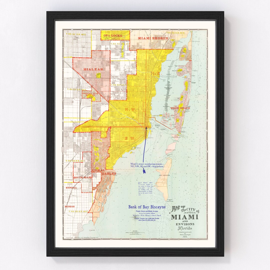 Mapa de Miami 1926, mapa antiguo de Miami, arte antiguo de Miami ...