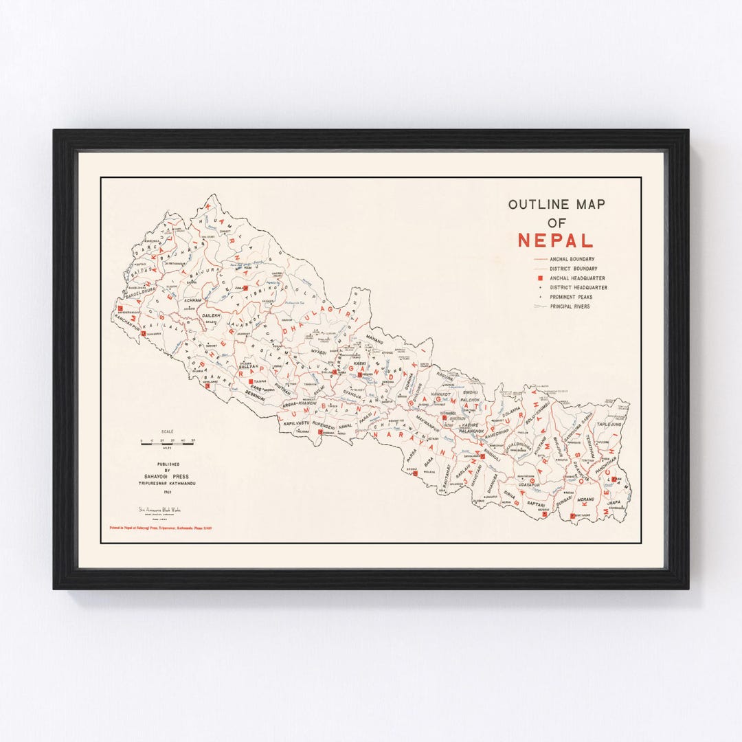 Nepal Map 1969, Vintage Nepal Map, Old Nepal Art, Wall Art Gift for ...