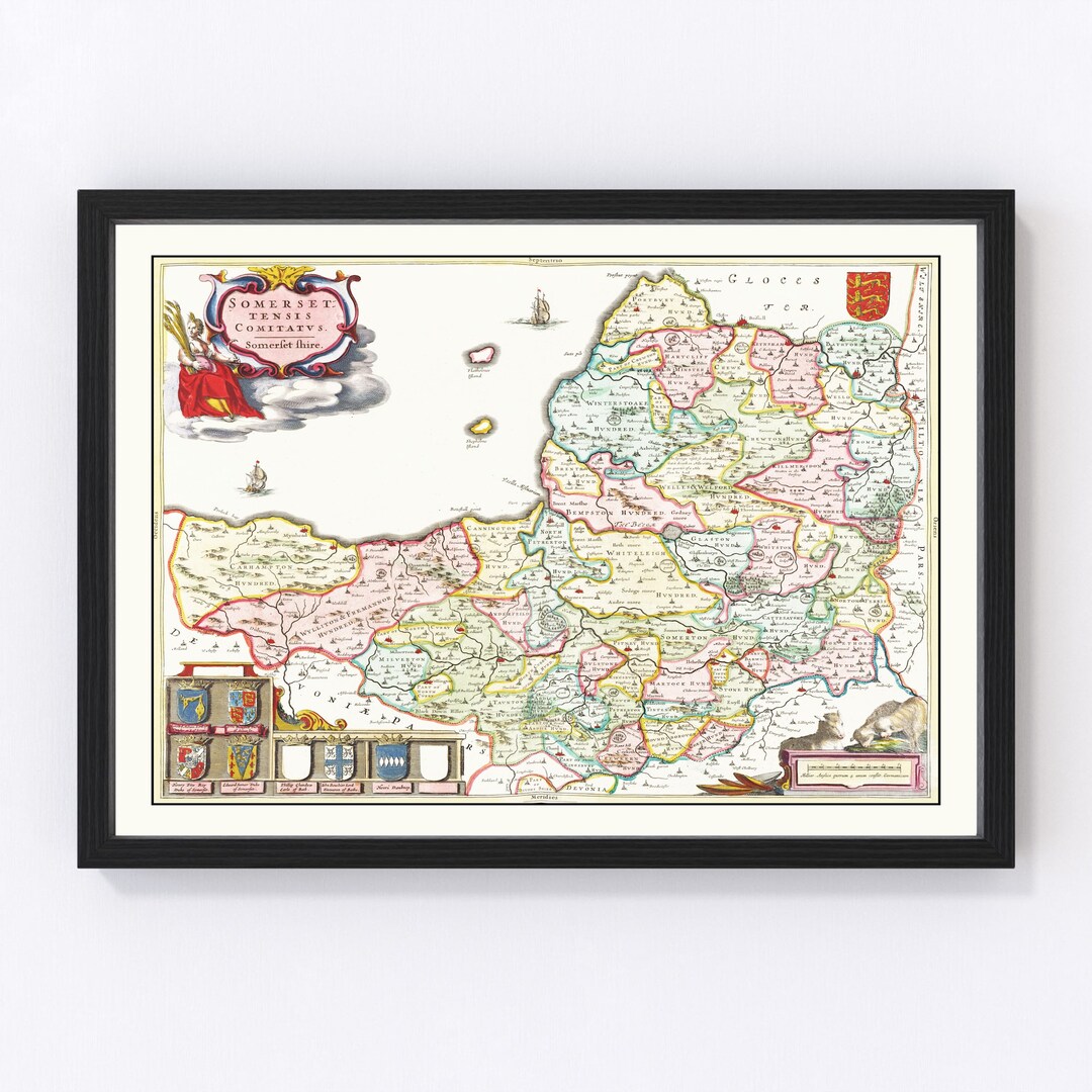Somerset Map 1665, Vintage Somerset Map, Old Somerset Art, Wall Art ...