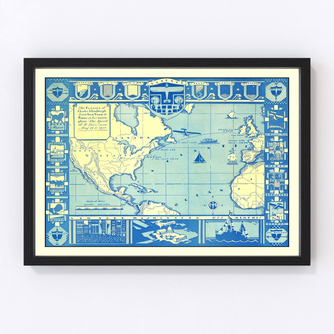 Flight of Charles Lindbergh Map 1927, Vintage Flight of Charles ...