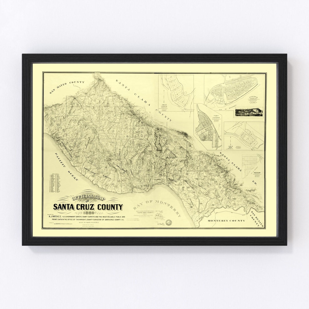Santa Cruz County Map 1889, Vintage Santa Cruz County Map, Old Santa ...