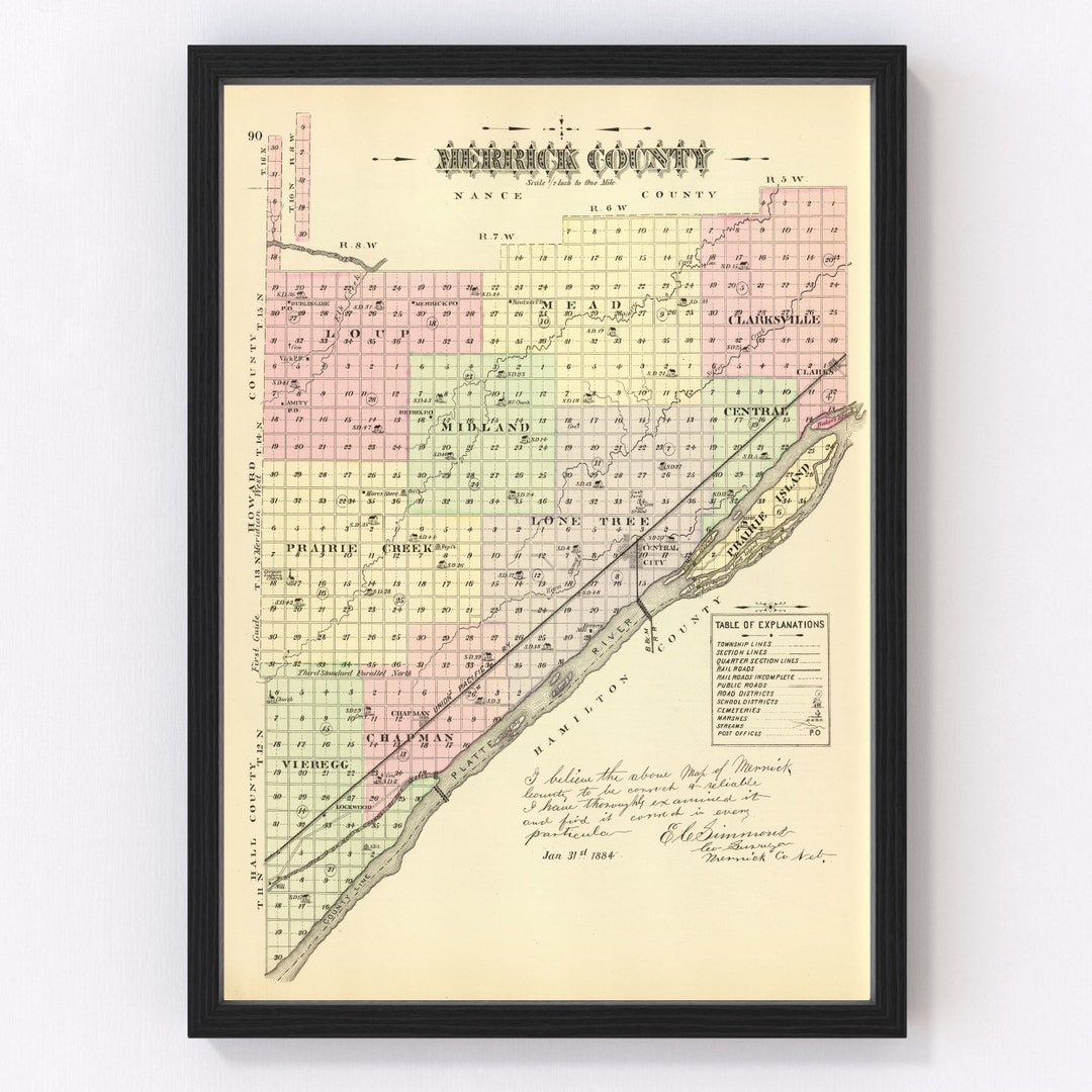 Merrick County NE Map 1885 Old Map of Central City Nebraska Art Vintage ...
