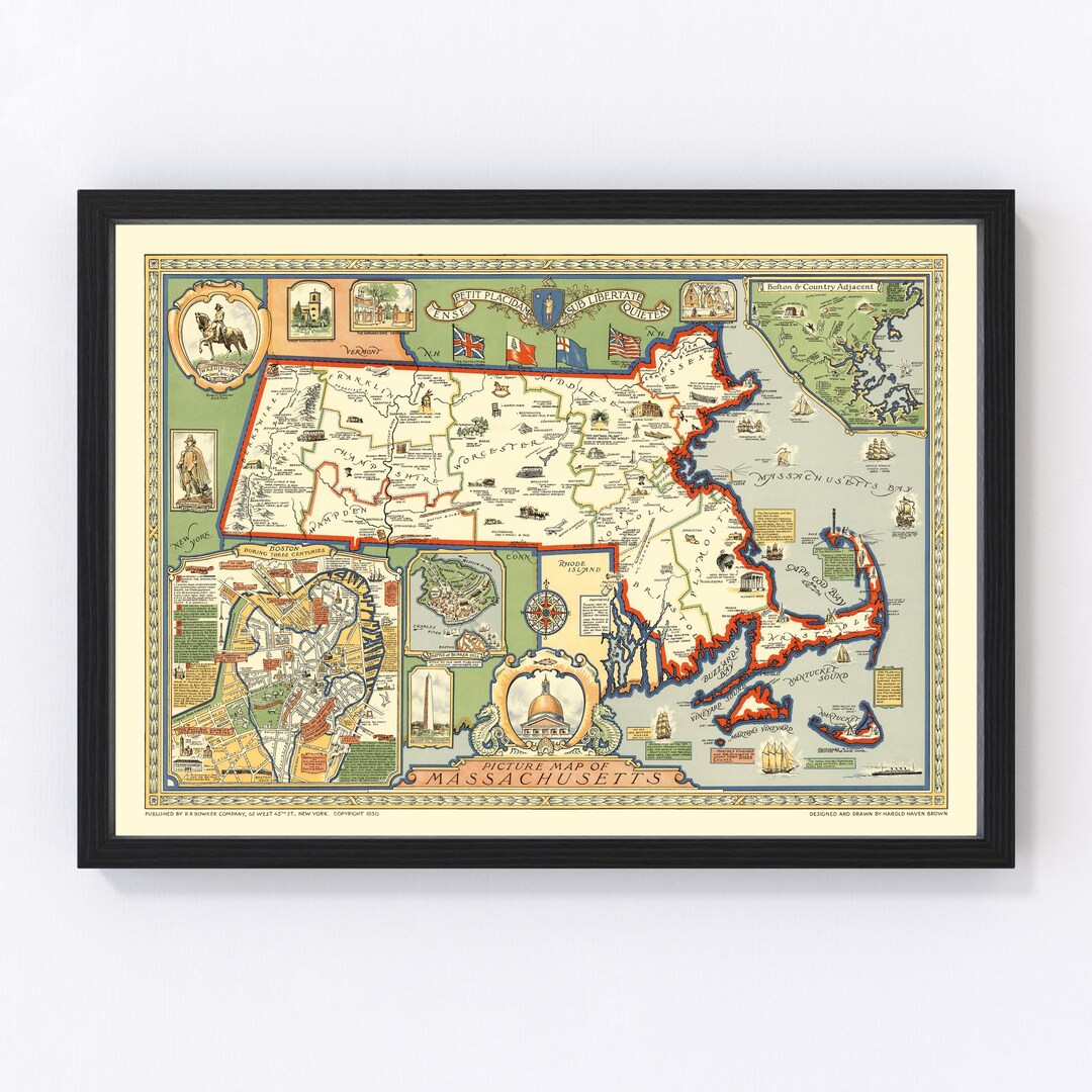 Massachusetts Map 1930, Vintage Massachusetts Map, Old Massachusetts ...