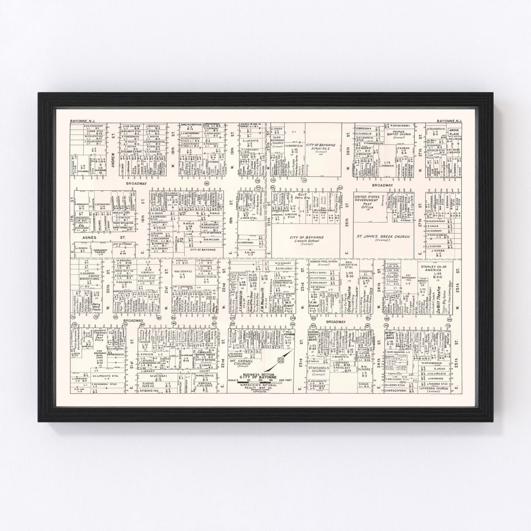 Bayonne Map 1947 - Old Map of Bayonne Business Section New Jersey Art ...