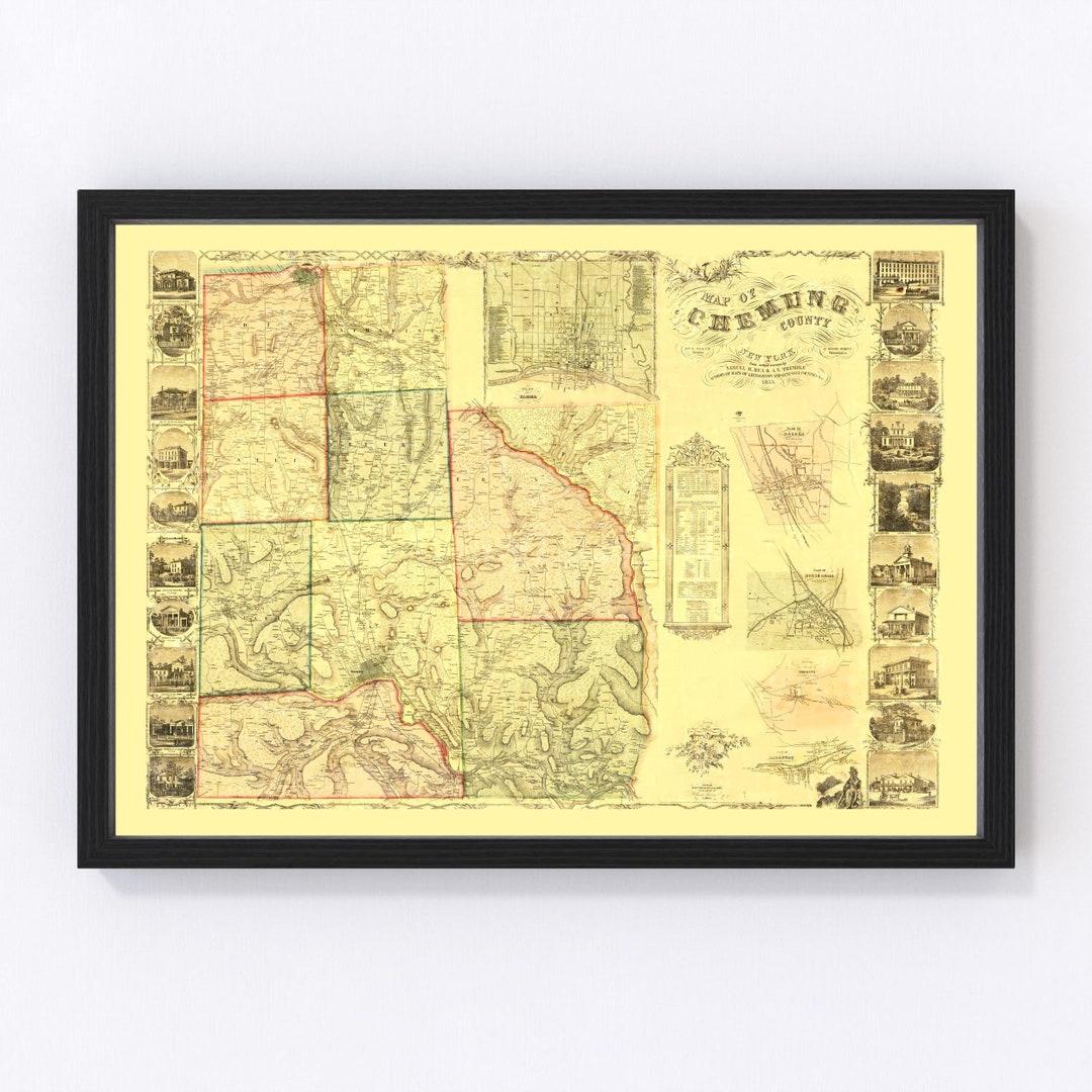 Chemung County Map 1853, Vintage Chemung County Map, Old Chemung County ...