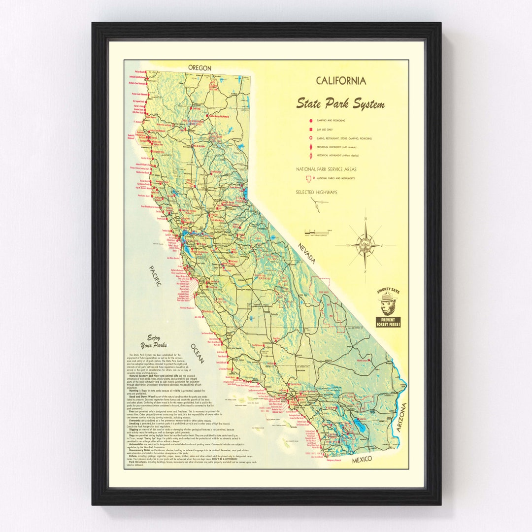 California Map 1956, Vintage California Map, Old California Art, Wall ...