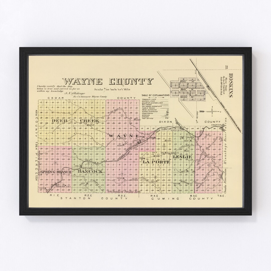 Wayne County NE Map 1885 Old Map of Wayne Nebraska Art Vintage Print ...