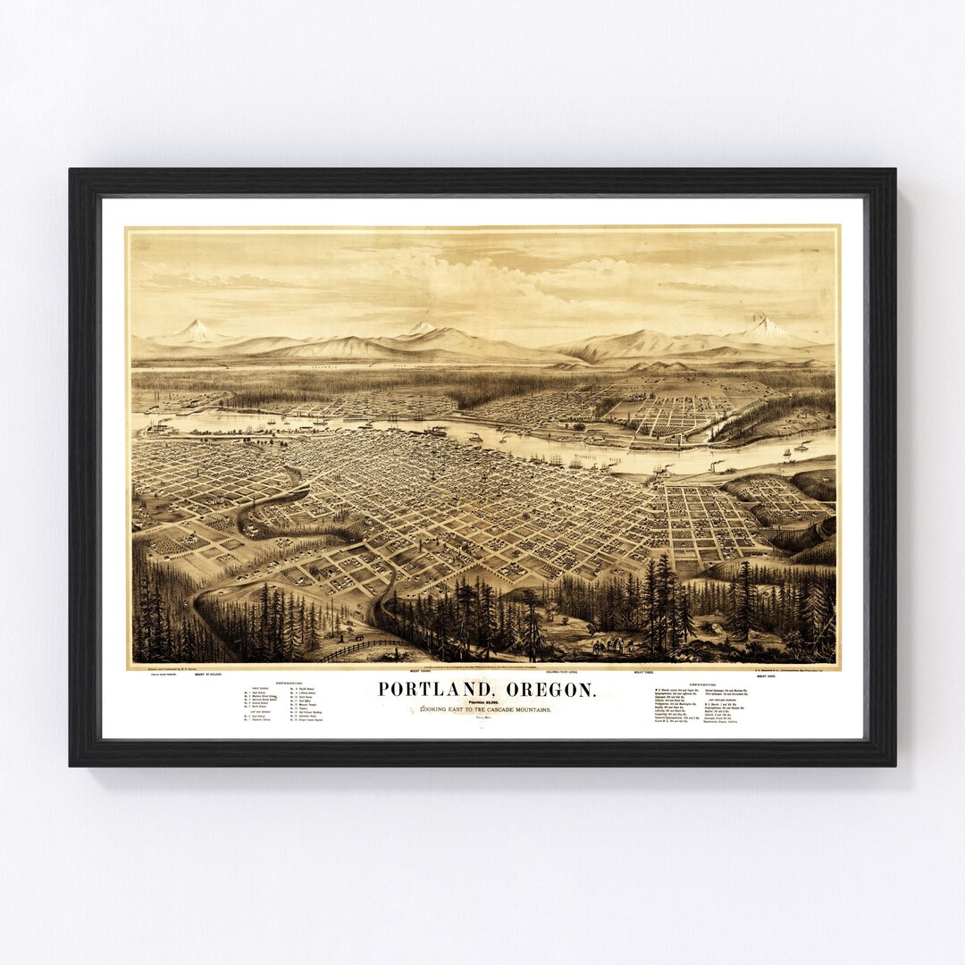 Portland Map 1879 - Old Map of Portland Oregon Art Vintage Print Framed ...