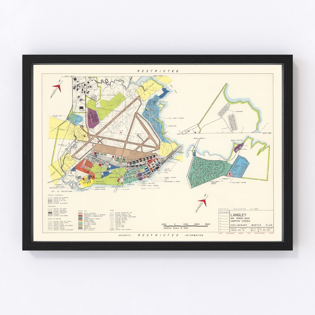 Langley Air Force Base Map 1951 Old Map of Langley Air Force Base Art ...
