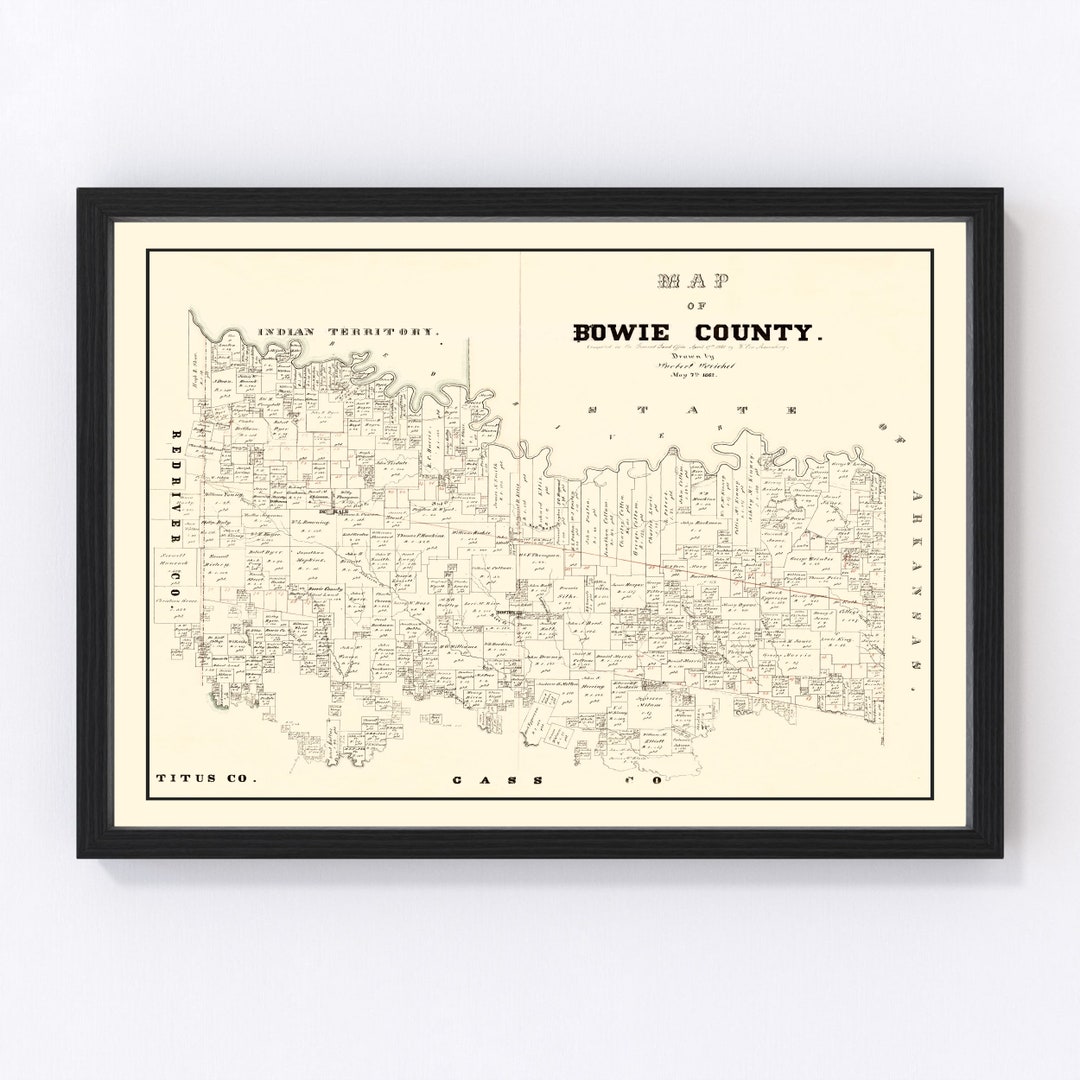 Bowie County Map 1860, Vintage Bowie County Map, Old Bowie County Texas ...