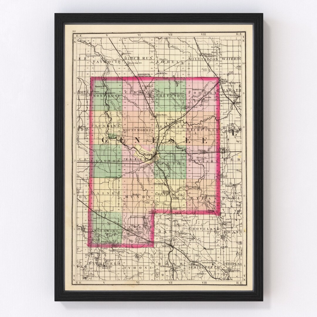 Genesee County MI Map 1873 Old Map of Flint Michigan Art Vintage Print ...