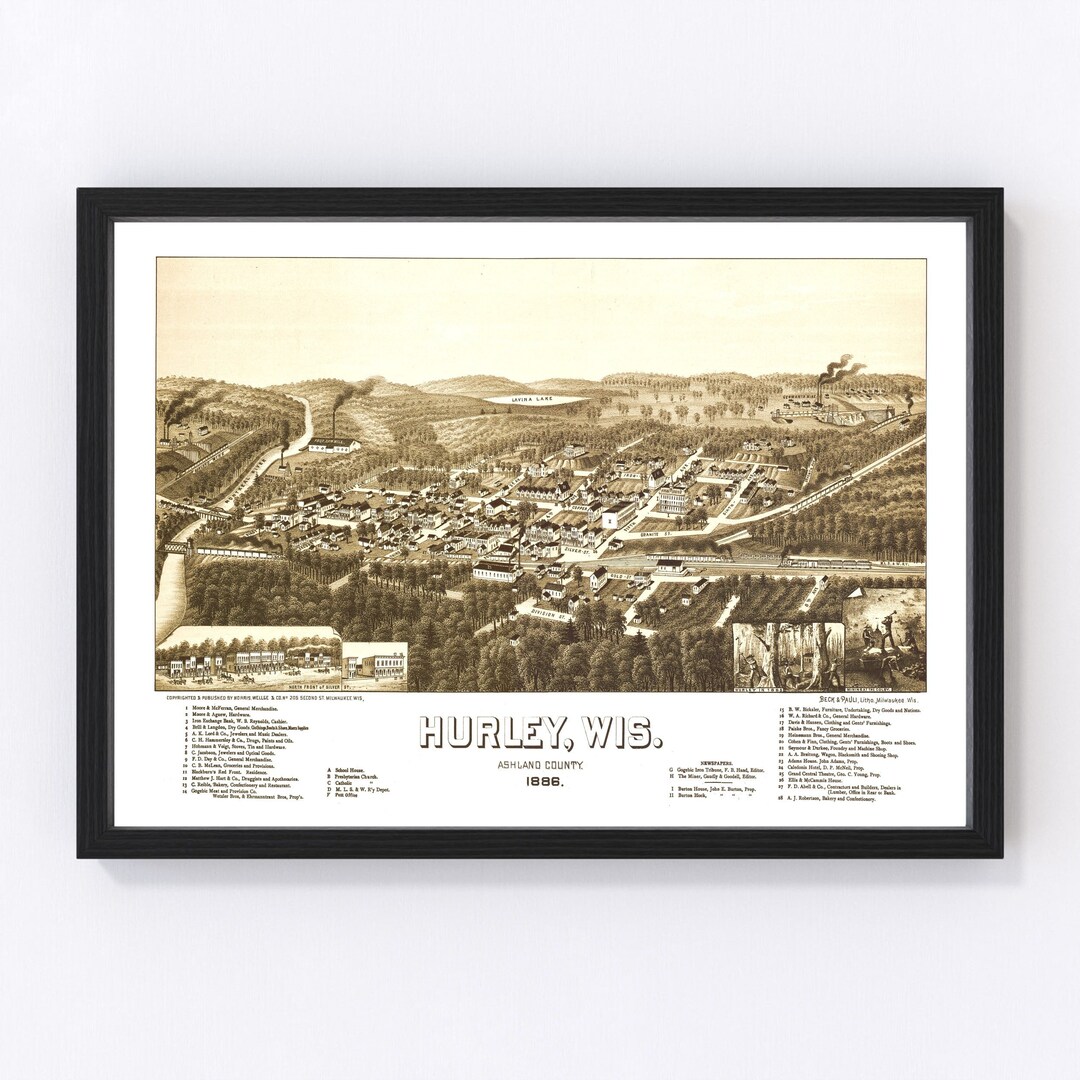 Hurley Map 1886 Old Map of Hurley Wisconsin Art Vintage Print Framed ...
