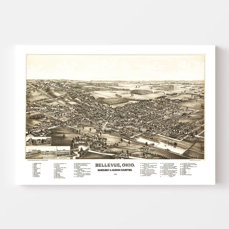 Bellevue Map 1880 Old Map of Bellevue Ohio Art Vintage Print - Etsy