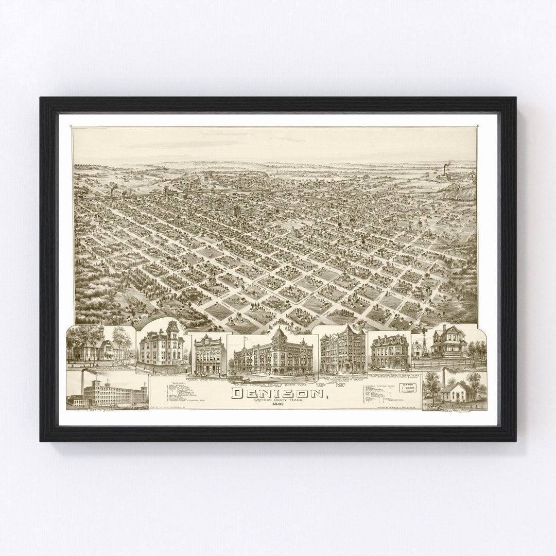 Denison Map 1891 Old Map of Denison Texas Art Vintage Print Framed ...