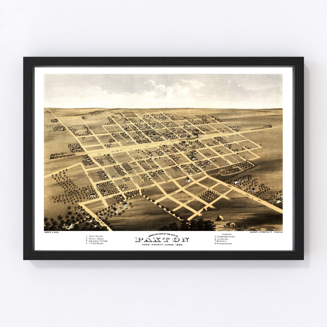 Paxton Map 1869 Old Map of Paxton Illinois Art Vintage Print Framed ...