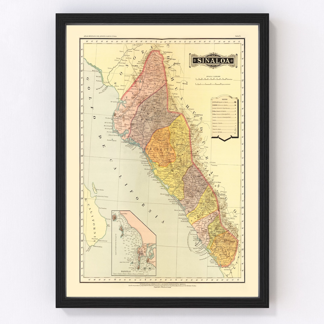 Sinaloa Mexico Map 1886, Vintage Sinaloa Mexico Map, Old Sinaloa Mexico ...