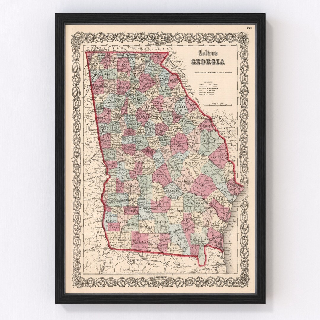 Georgia Map 1861, Vintage Georgia Map, Old Georgia Art, Wall Art Gift ...