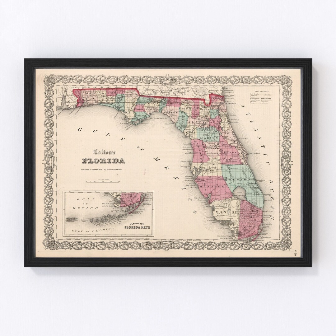 Florida Map 1861 - Old Map of Florida Art Vintage Print Framed Wall Art ...