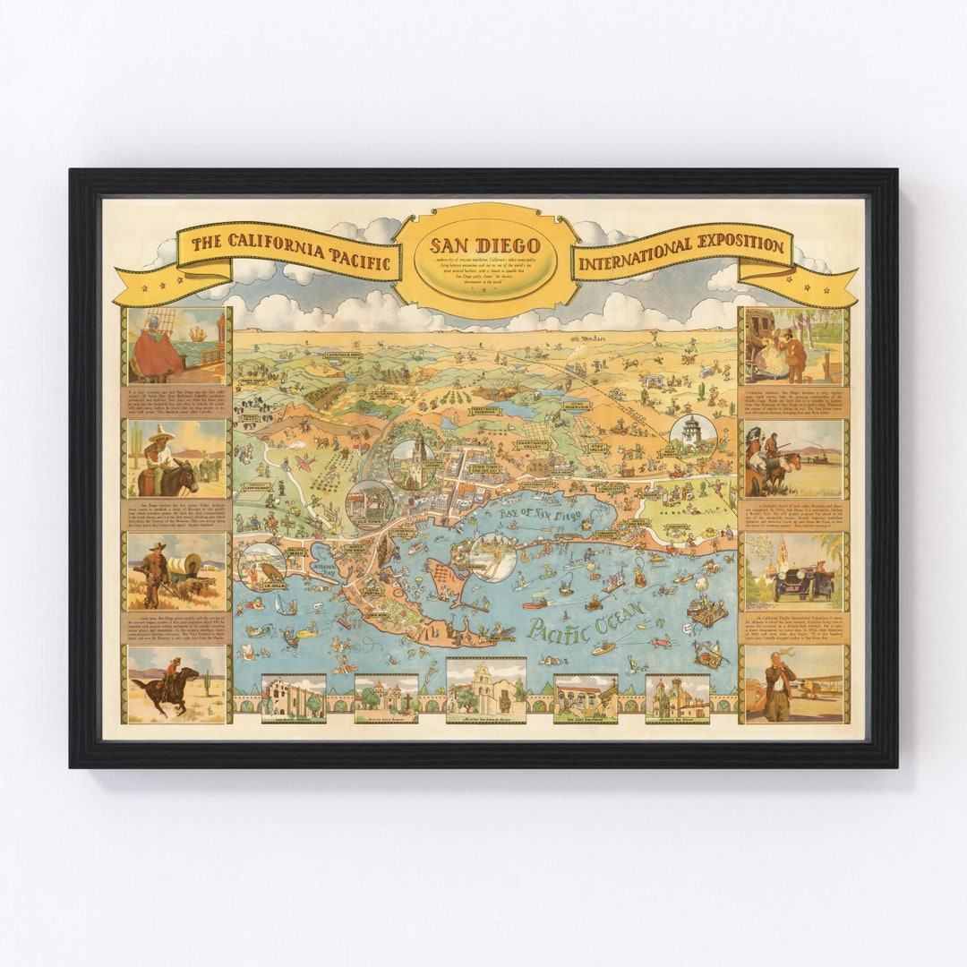 San Diego Map 1935, Vintage San Diego Map, Old San Diego California Art ...