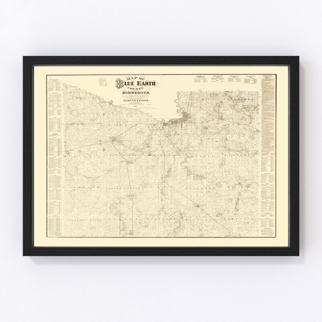 Blue Earth County Map 1879, Vintage Blue Earth County Map, Old Blue ...