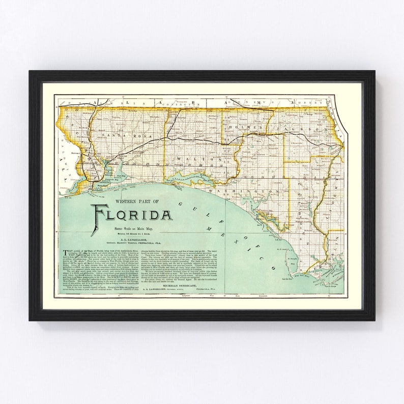 Florida Map 1890 Old Map of Florida Art Vintage Print Framed - Etsy