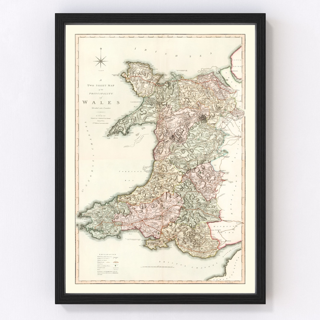 Wales Map 1809 - Old Map of Wales Art Print Framed Wall Art Vintage ...