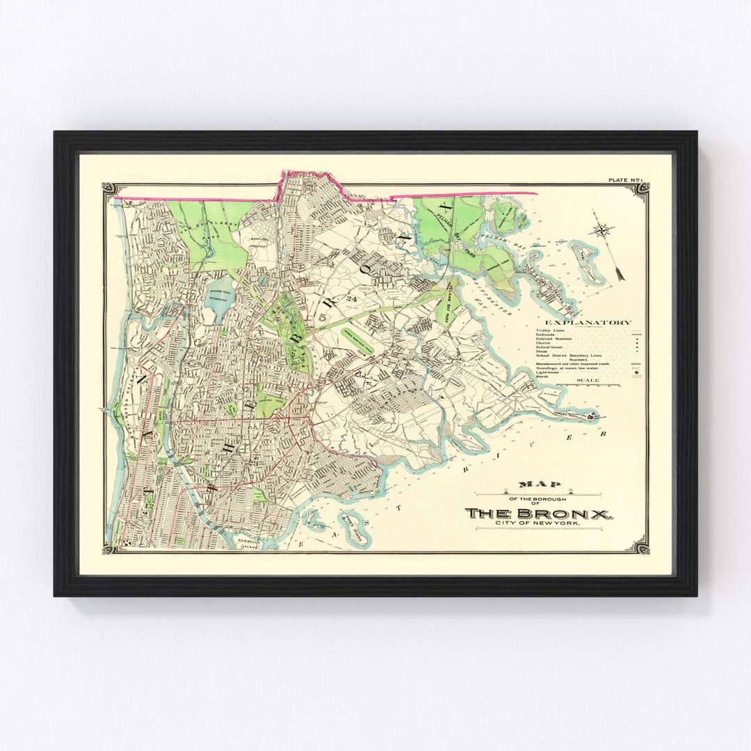 Bronx Map 1900 - Old Map of Bronx New York Art Vintage Print Framed ...