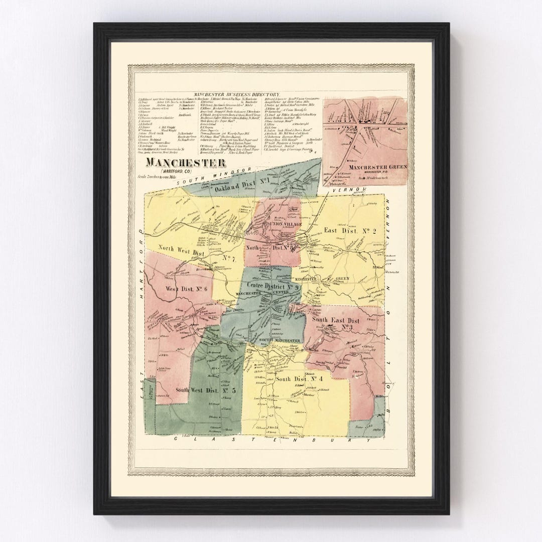 Manchester Map 1869 Old Map of Manchester Connecticut Art Vintage Print ...