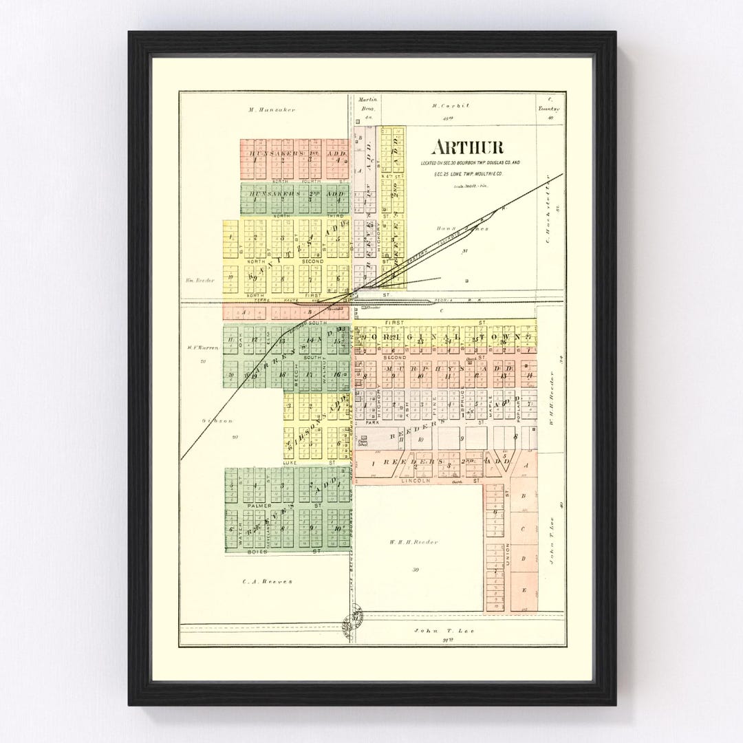 Arthur Map 1893, Vintage Arthur Map, Old Arthur Illinois Art, Wall Art ...